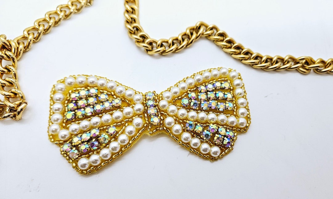 Gold Bow Applique: Rhinestone, Pearl & Seed Bead Embellishment - Etsy