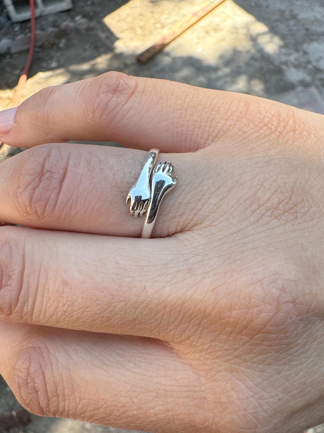 Sterling Silver Hug Ring, Hugging Hands Couple, Open Hug, Adjustable ...