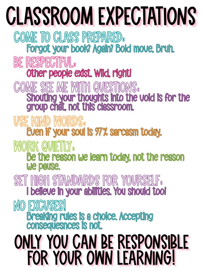 Funny Classroom Rules Poster Set, Digital Download, Sarcastic Middle ...