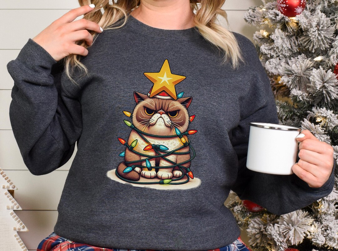 Grumpy Cat Christmas Lights Sweatshirt, Funny Holiday Cat Jumper, Gift ...