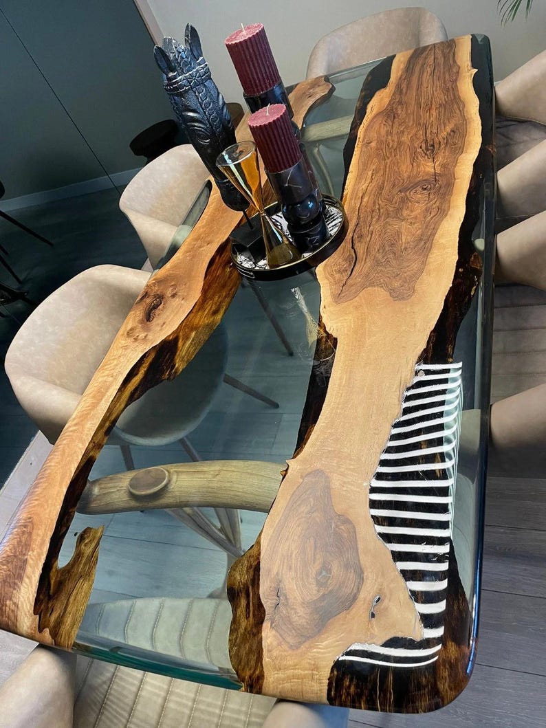 Custom Order Live Edge Walnut Resin Dinner Table, Transparent Epoxy ...