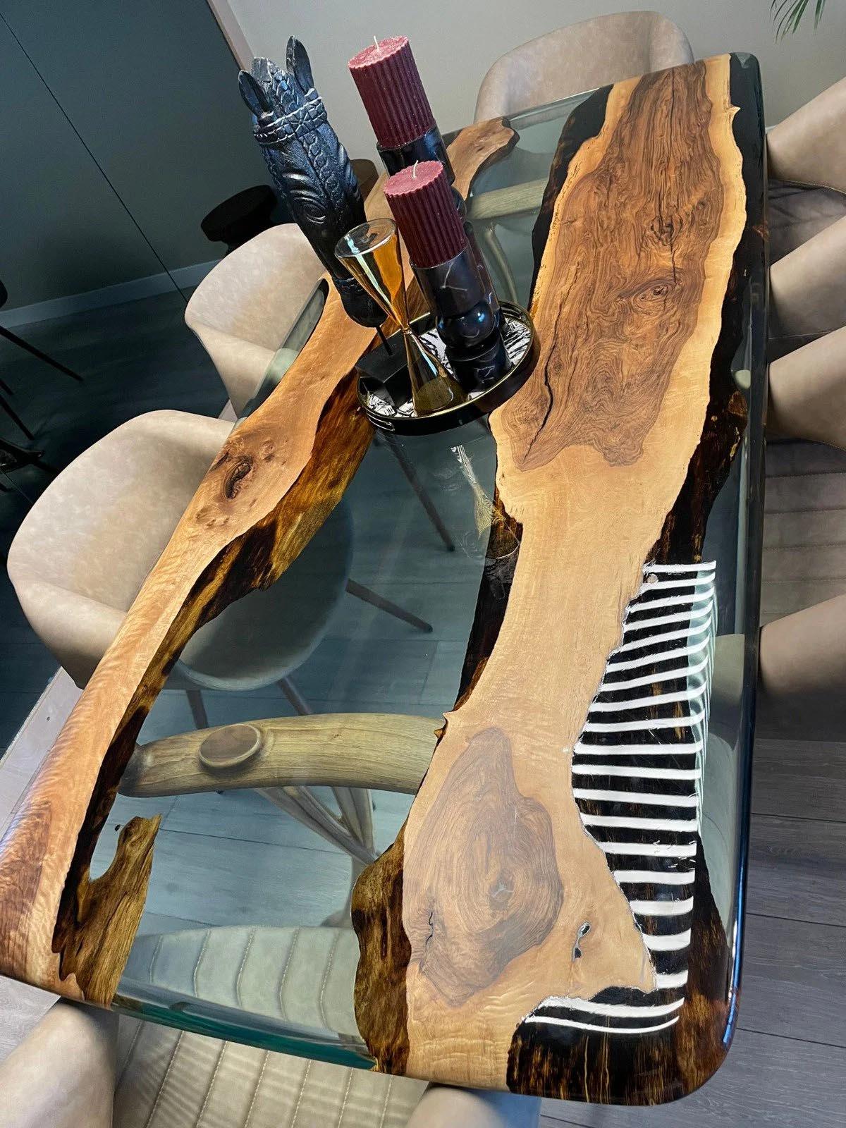 Custom Order Live Edge Walnut Resin Dinner Table, Transparent Epoxy ...