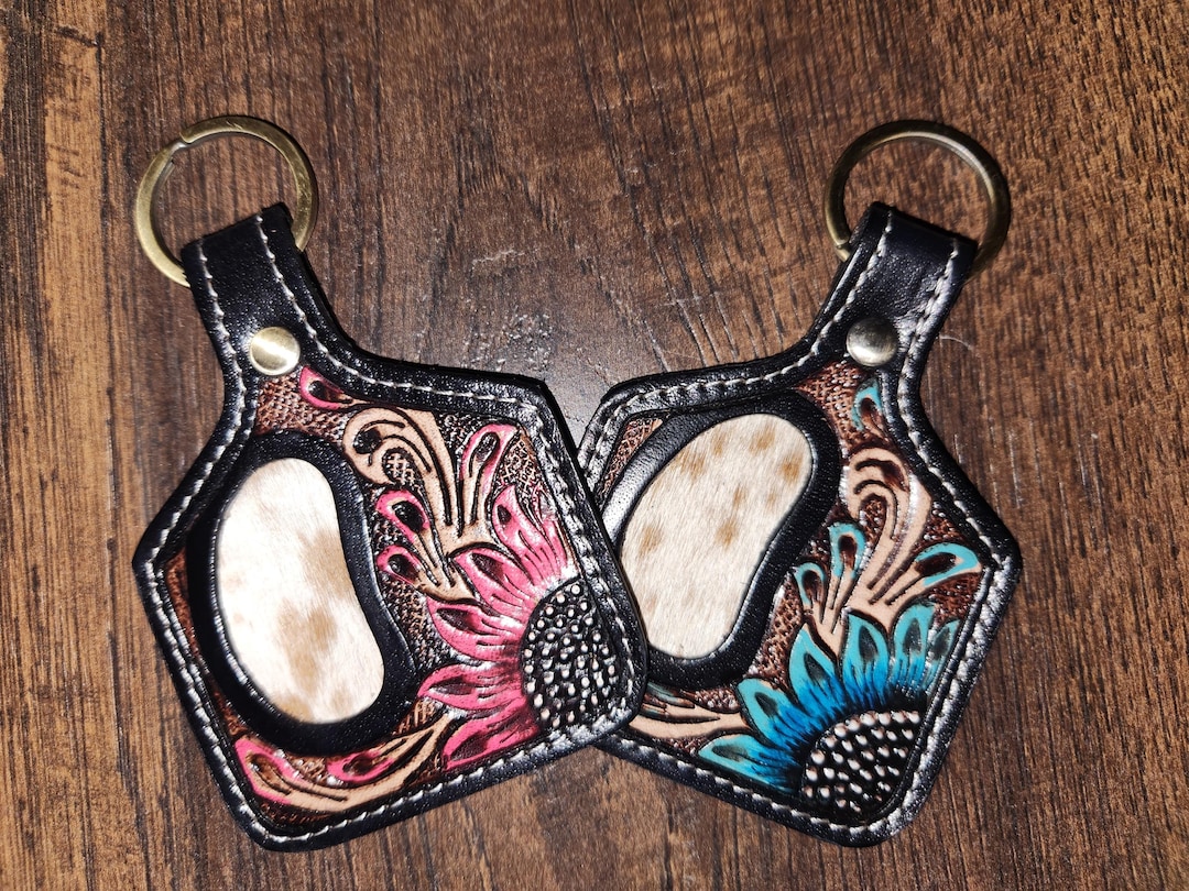 Cowhide and Leather Tooled Keychain - Etsy