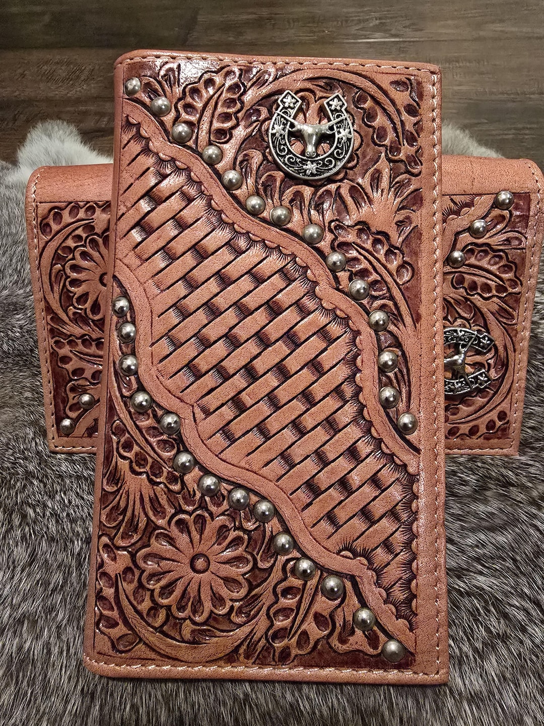 Genuine Leather Rodeo Wallet: Medium Size, Western Style Tooled - Etsy