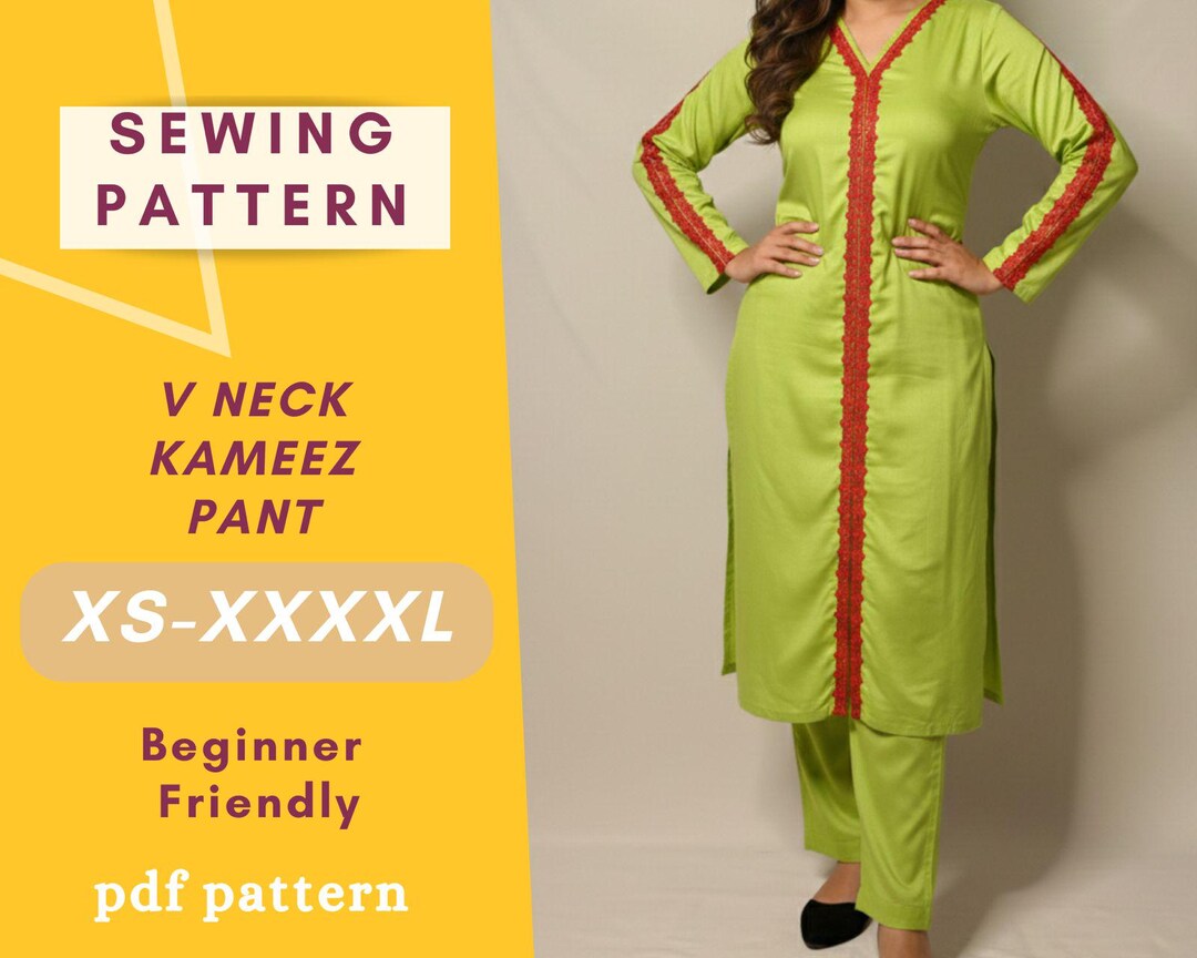V Neck Kameez Pant Sewing Pattern| Traditional| Pdf Pattern| XS-XXXXL ...