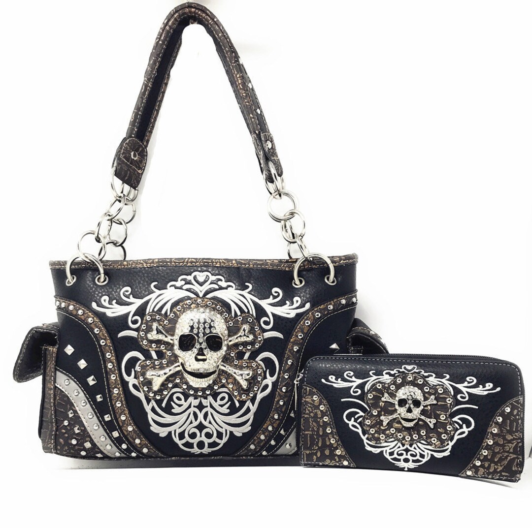 Texas West Rhinestone Embroidered Metal Skull Leather Women's Concealed ...