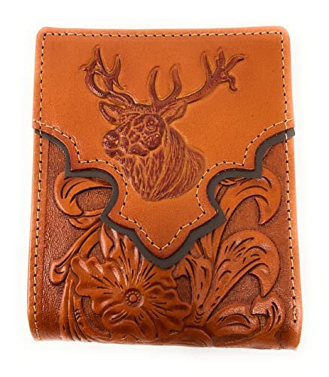 Western Men's Genuine Leather Floral Tooled Laser Cut Deer Wallet in 6 ...