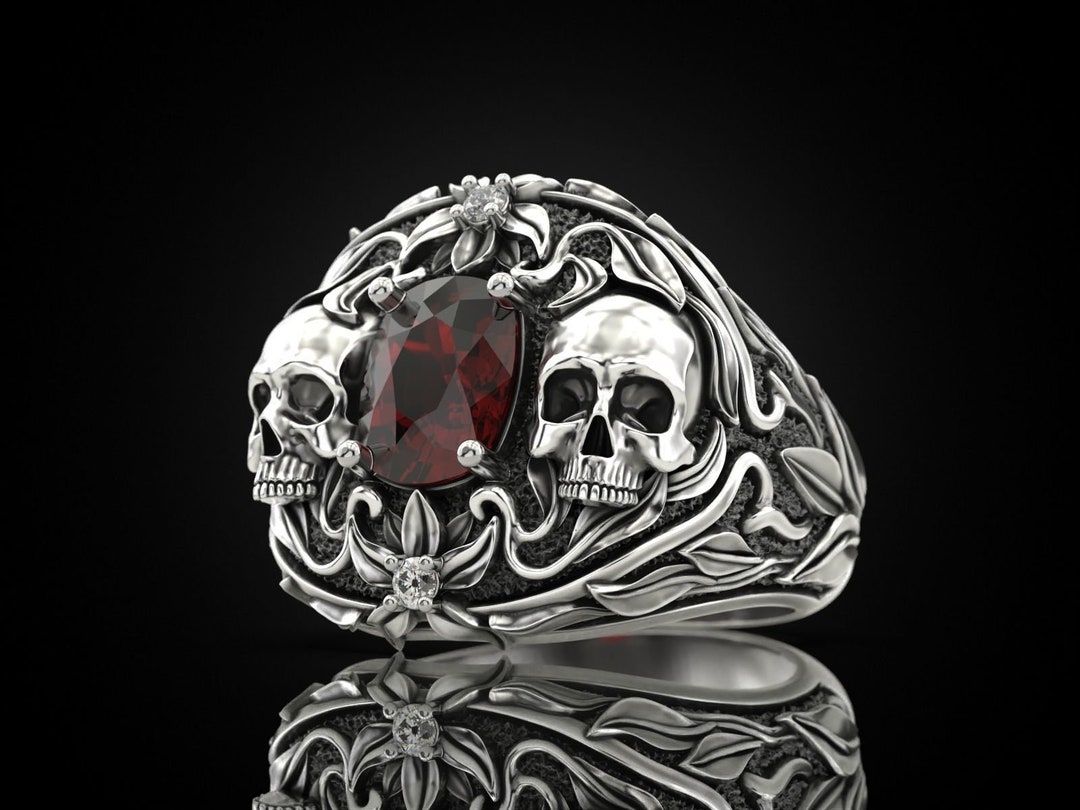 Two Face Skull Ring, Oval Garnet Diamond Engagement Ring, Gothic Skull ...