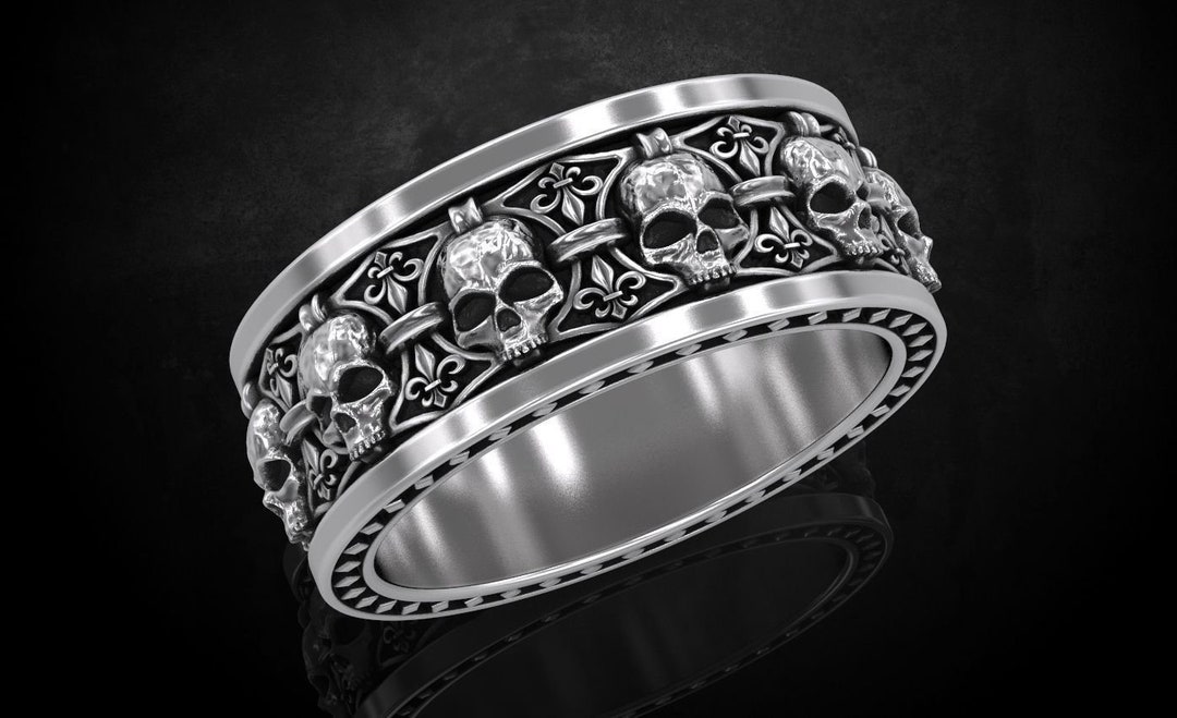 Gothic Skull With Heraldic Lily Ring Gothic Skull Wedding Band Ring ...