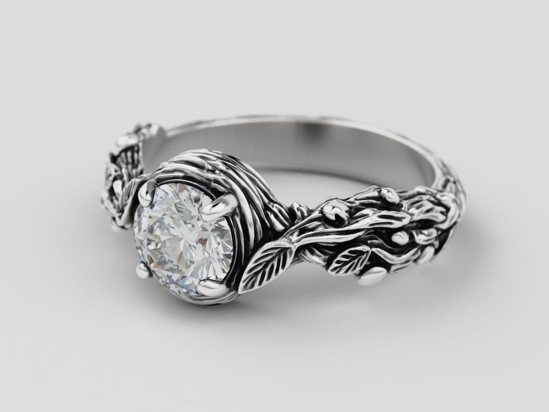 Branch and Leaves Engagement Ring With Diamond, Unique Branch Ring ...