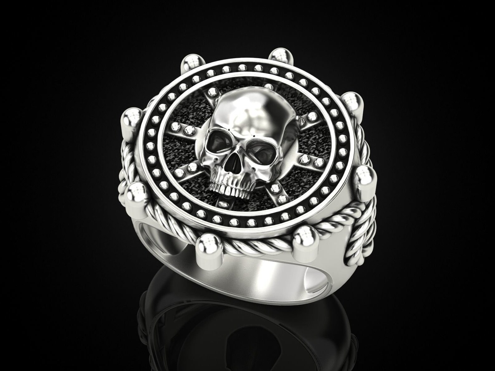 Ships Rudder and Skull Ring in Sterling Silver, Gothic Mens Ring, Skull ...