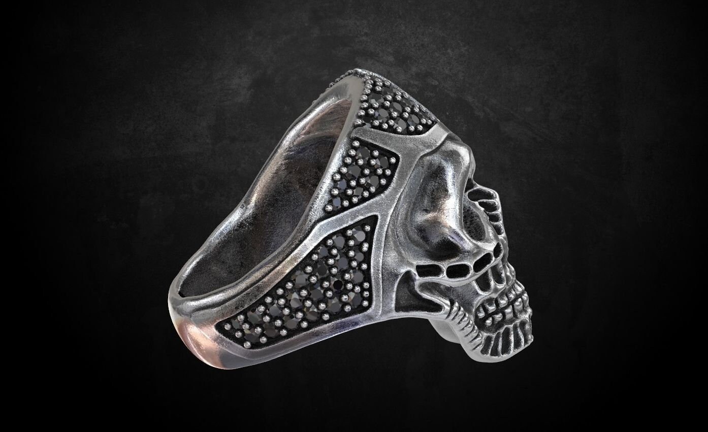 Mens Stylish Skull Ring in 925 Sterling Silver Round Cut Black | Etsy