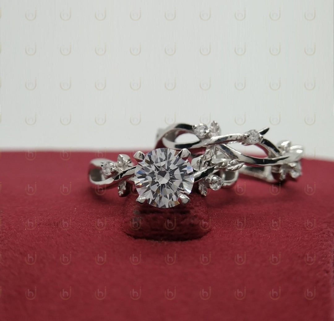 Nature Inspired Bridal Set / Branch Moissanite Engagement Ring and ...