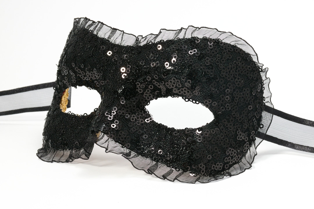 Black Sequin Masquerade Mask With Frills. Fancy Dress Mask With ...