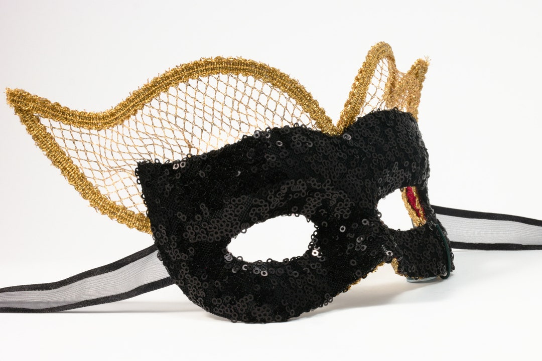 Black Sequin Masquerade Mask With Gold Wings. Fancy Dress Mask Ideal ...