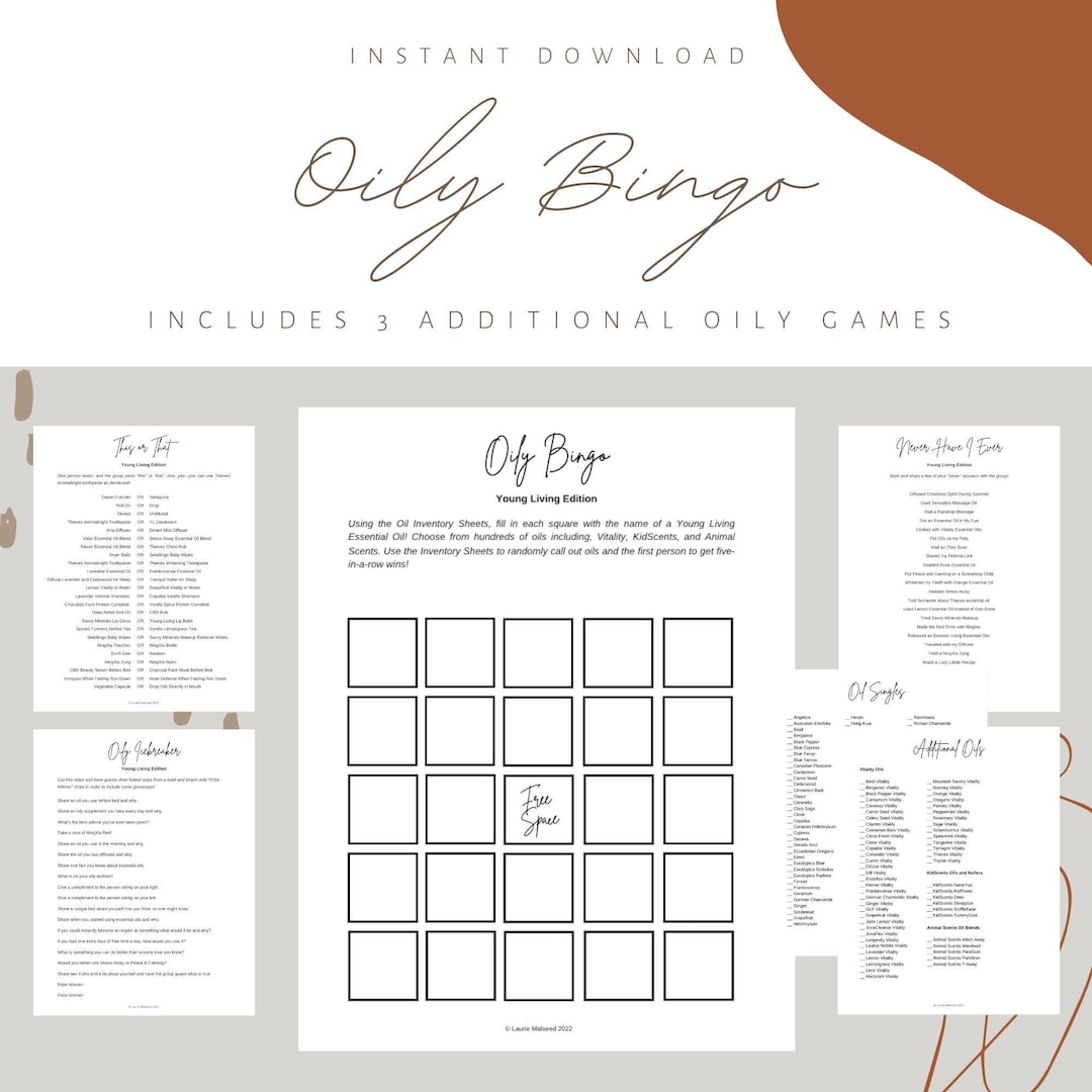 Essential Oil Bingo Game, Includes 3 Additional Party Games, Printable ...