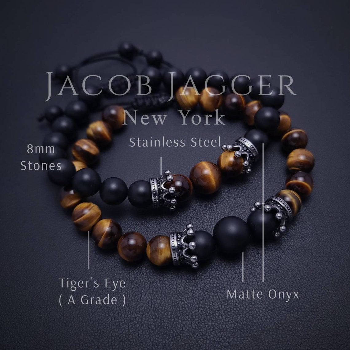 Tigers Eye & Black Onyx Matching Bracelets Set for Couples, Distance ...