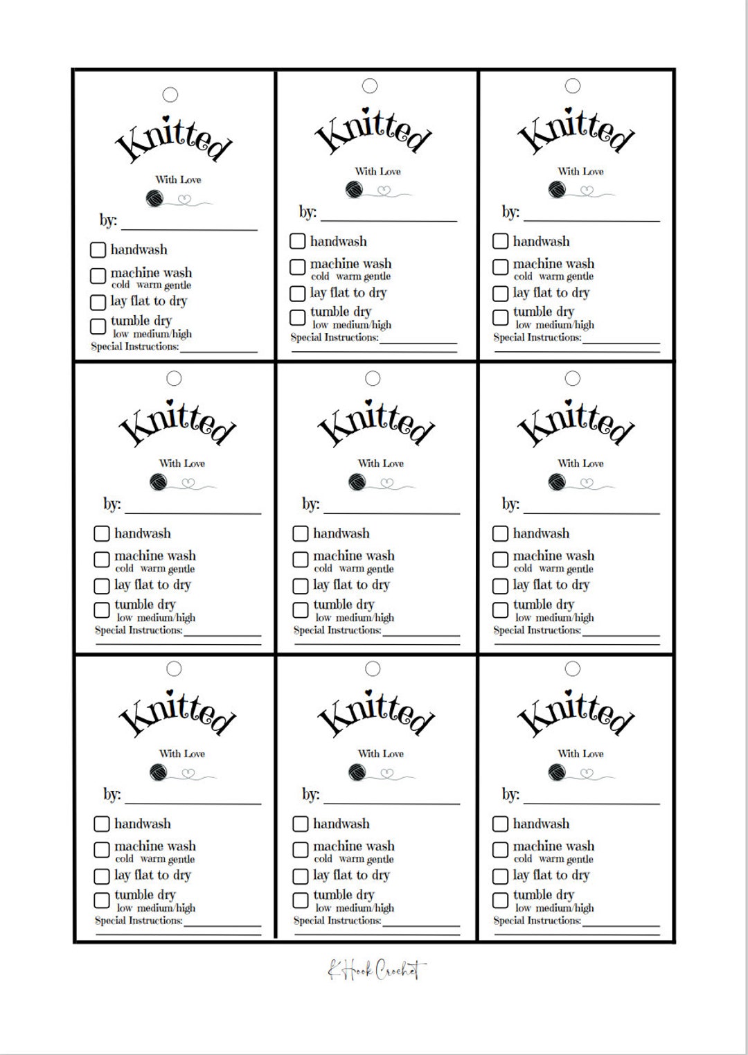 Printable Knit Care Tag, Knit Care Tags, Fiber Care Tags, Knitted With ...