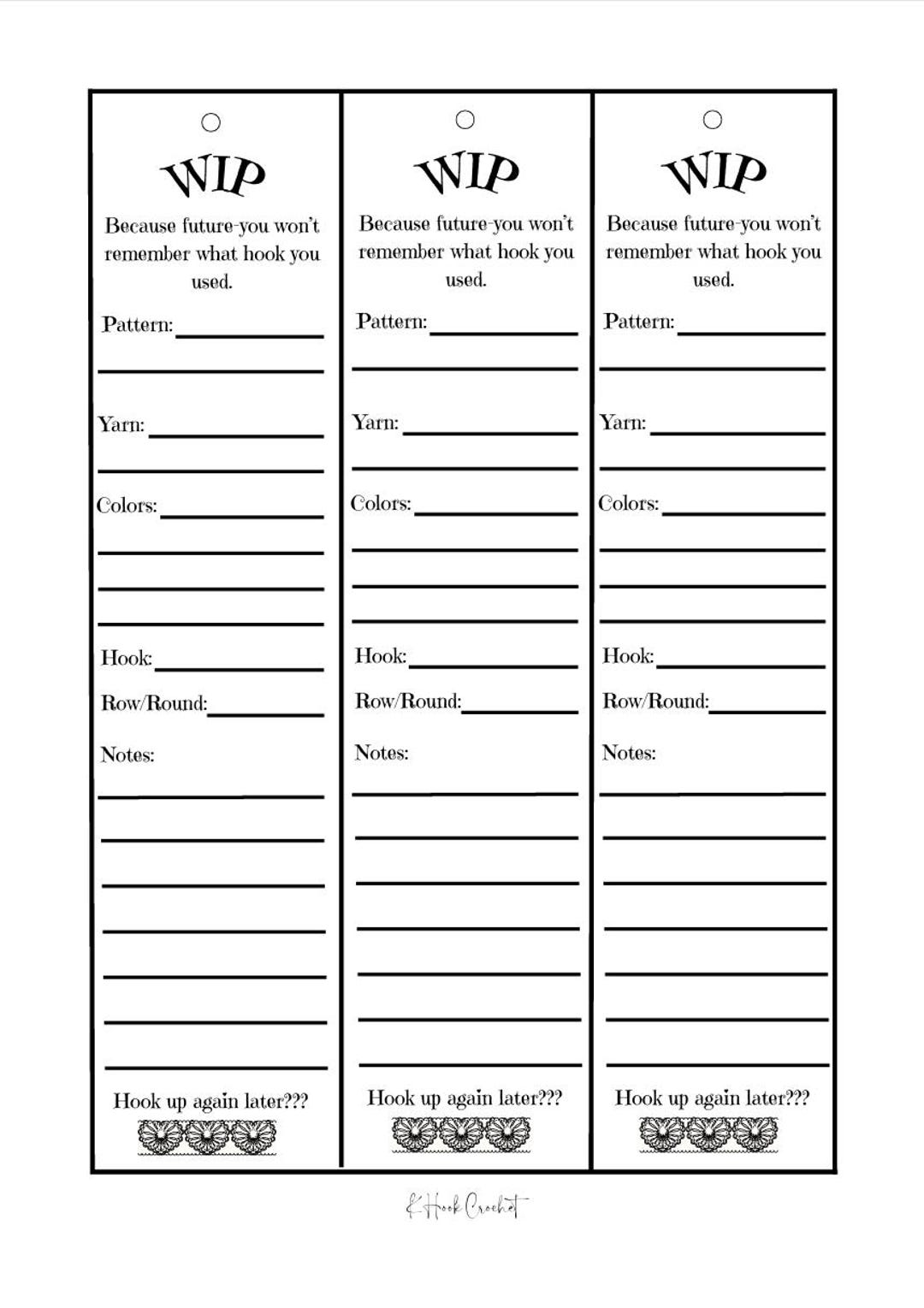 Printable Crochet WIP Tags | Track Yarn, Hook Size, Pattern & Notes ...
