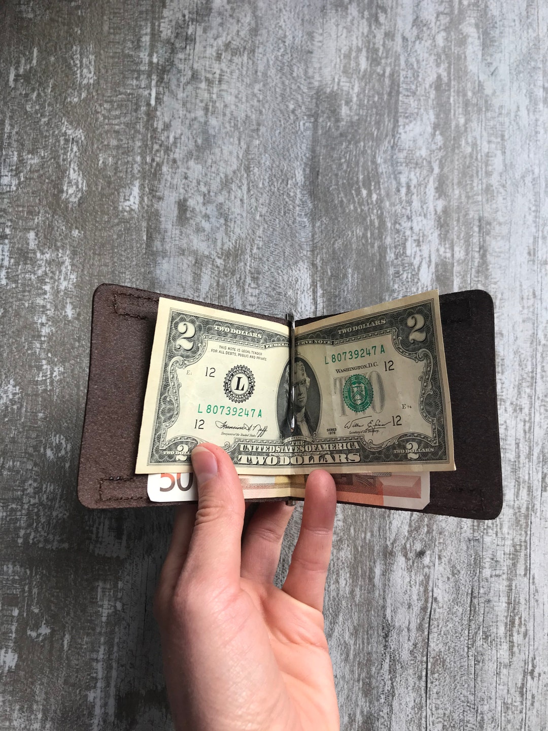 Minimalist Money Clip Wallet, Brown Leather Note Holder, Checkbook ...