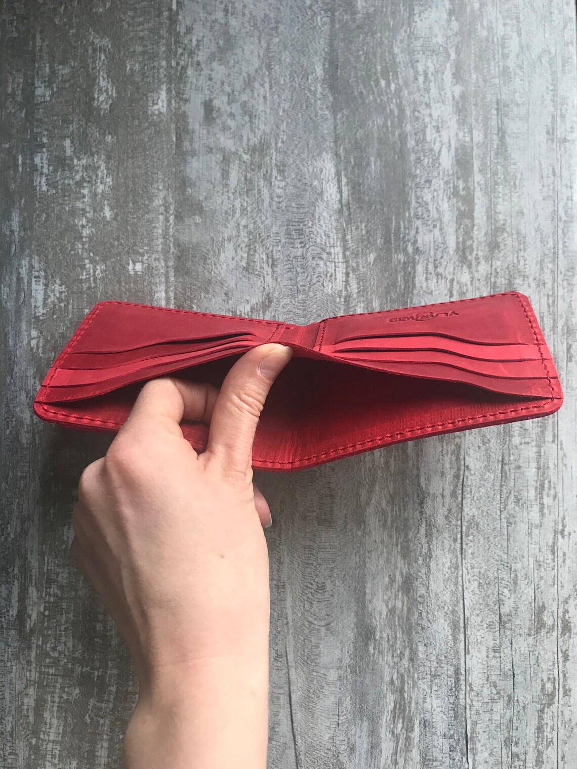 Small red leather wallet Bifold wallet Minimalist pocket | Etsy