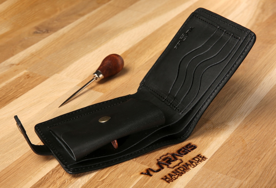 Small Leather Wallet Black Minimalist Wallet Bifold Wallet Engraved ...