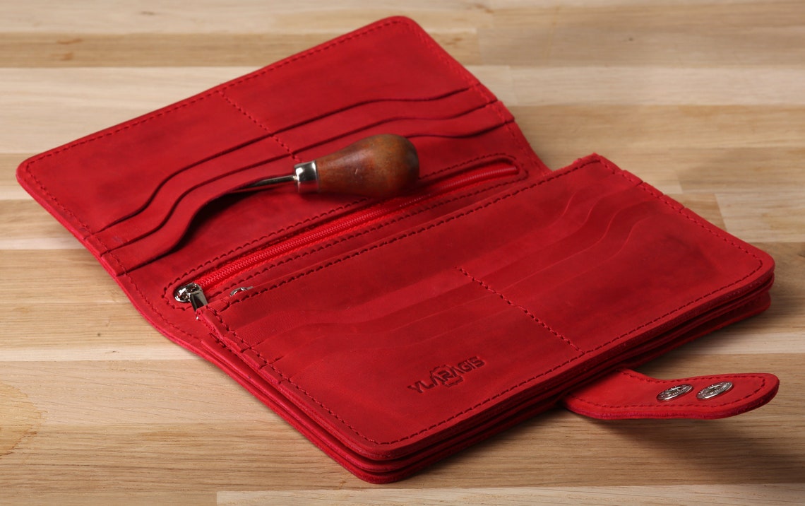 Red leather wallet Women's phone wallet Large capacity | Etsy