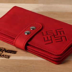 Large Red Leather Wallet Leather Phone Case Engraved Wallet Purse ...