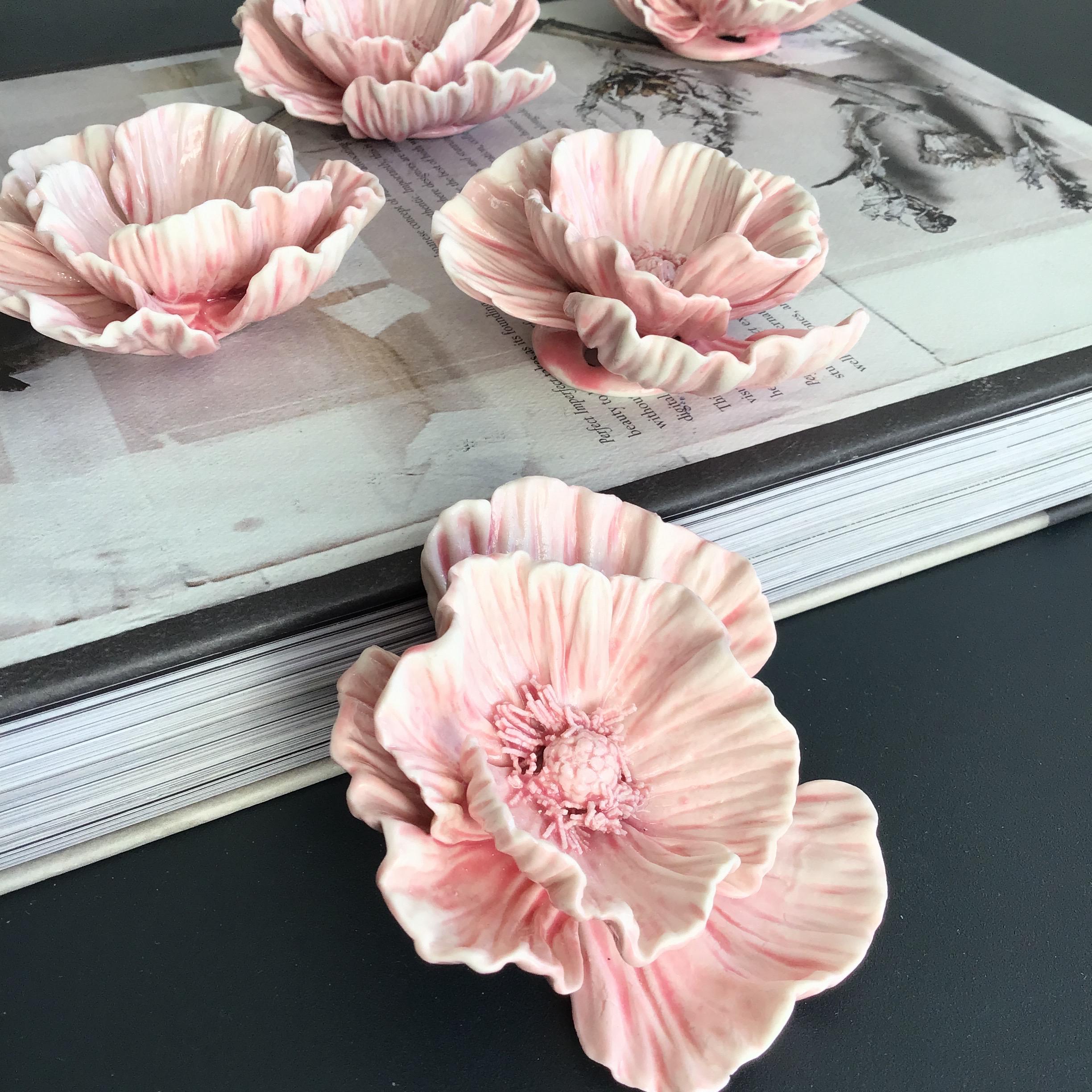 5 Pink Porcelain Poppy Flowers - Hand Sculpted Ceramic Pieces - Wall ...