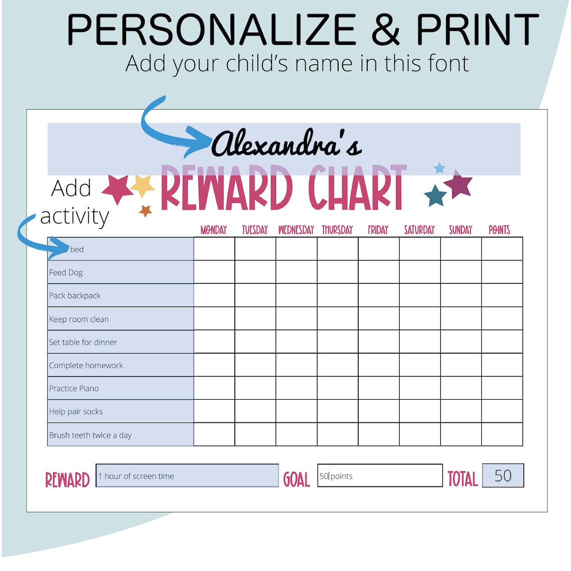 Reward Chart, Editable Goal Chart, Reward Chart for Kids, Fun Reward ...