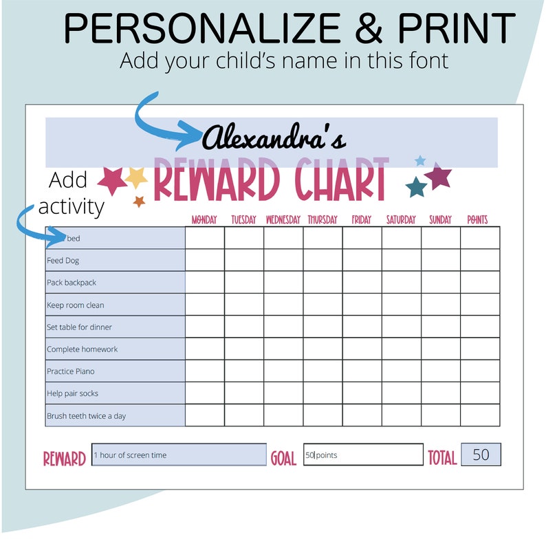Reward Chart, Editable Goal Chart, Reward Chart for Kids, Fun Reward ...