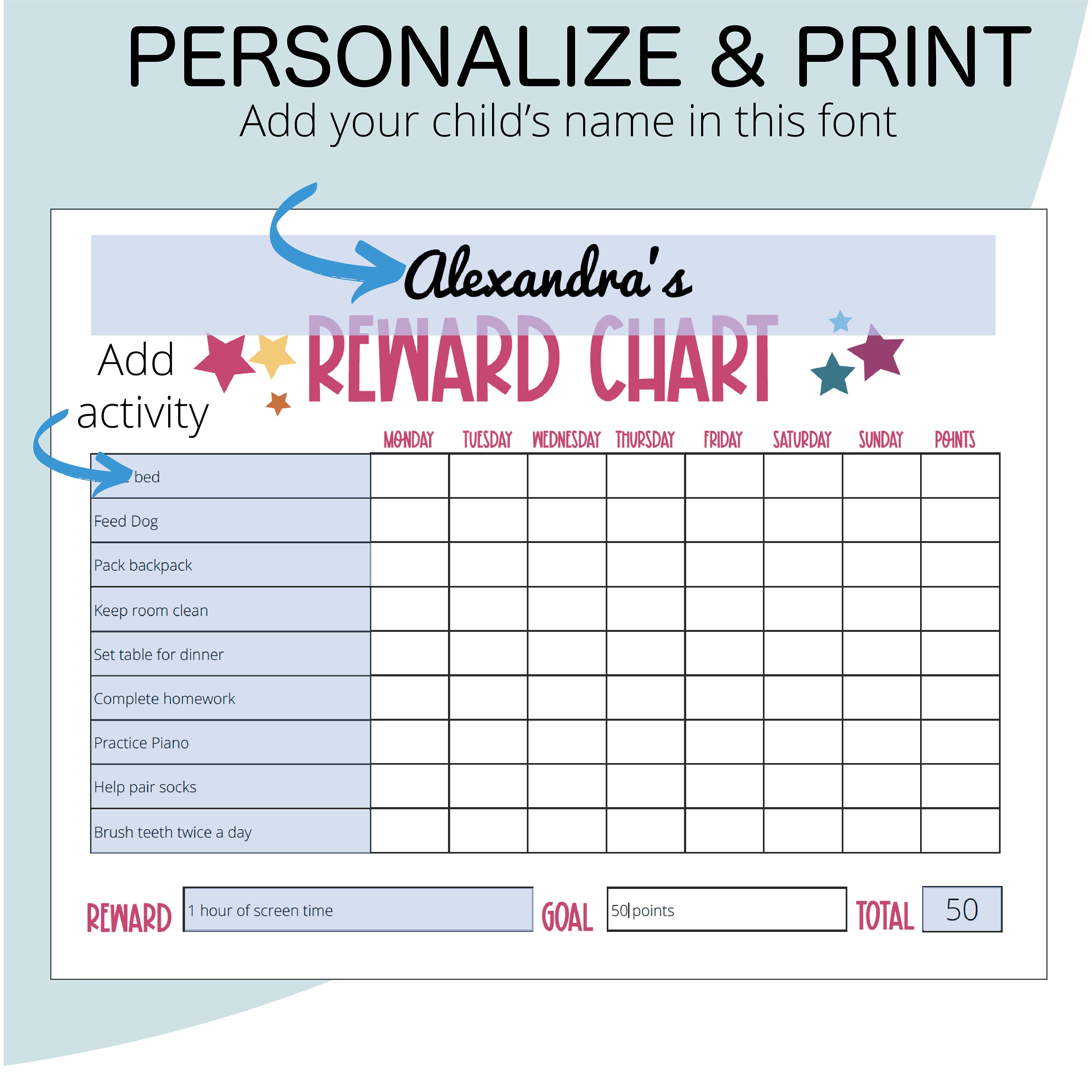 Reward Chart, Editable Goal Chart, Reward Chart for Kids, Fun Reward ...