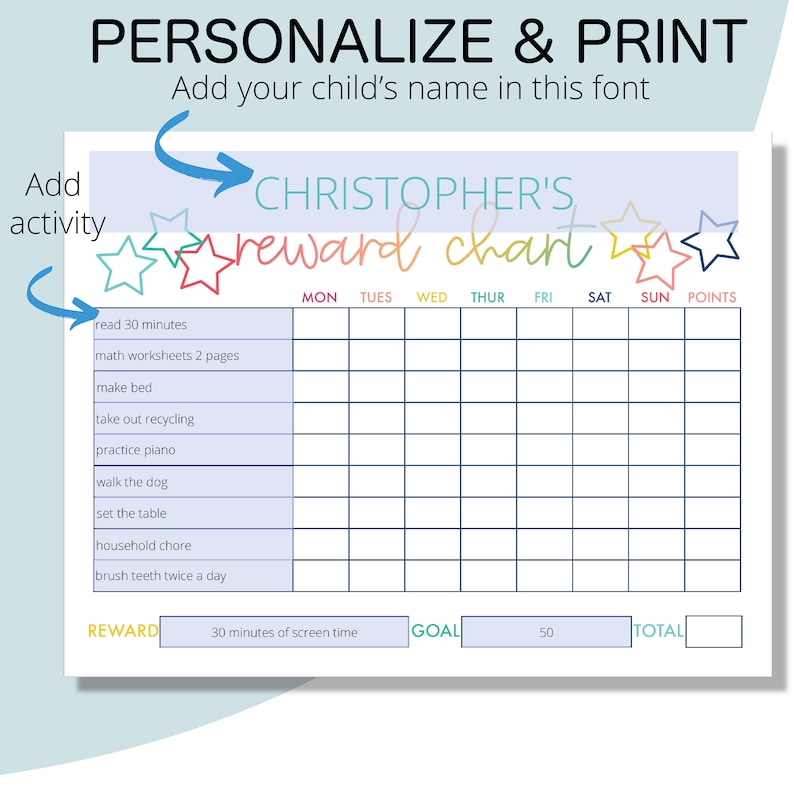 Reward Chart, Editable Goal Chart, Reward Chart for Girls, Pastel ...