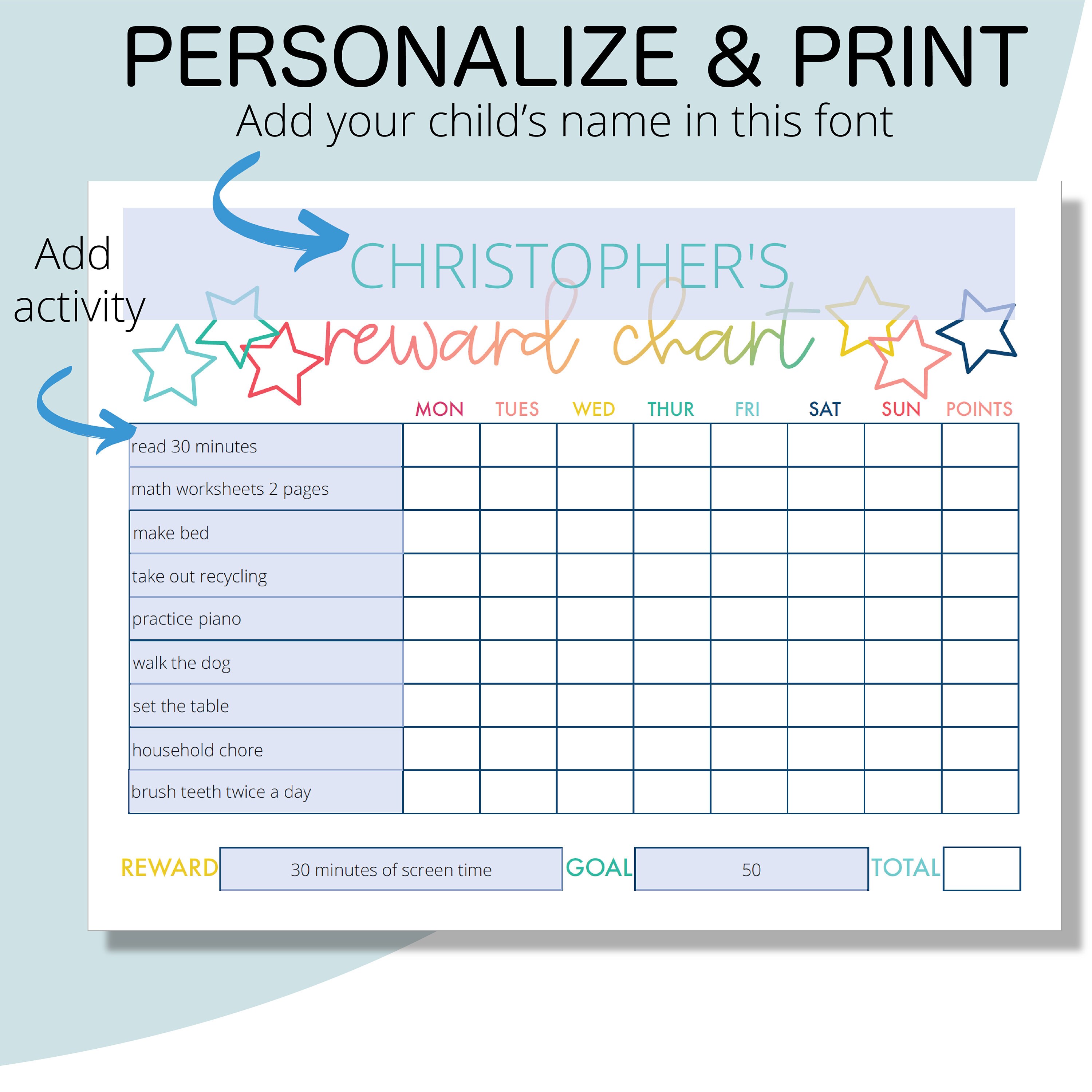Reward Chart, Editable Goal Chart, Reward Chart for Girls, Pastel ...