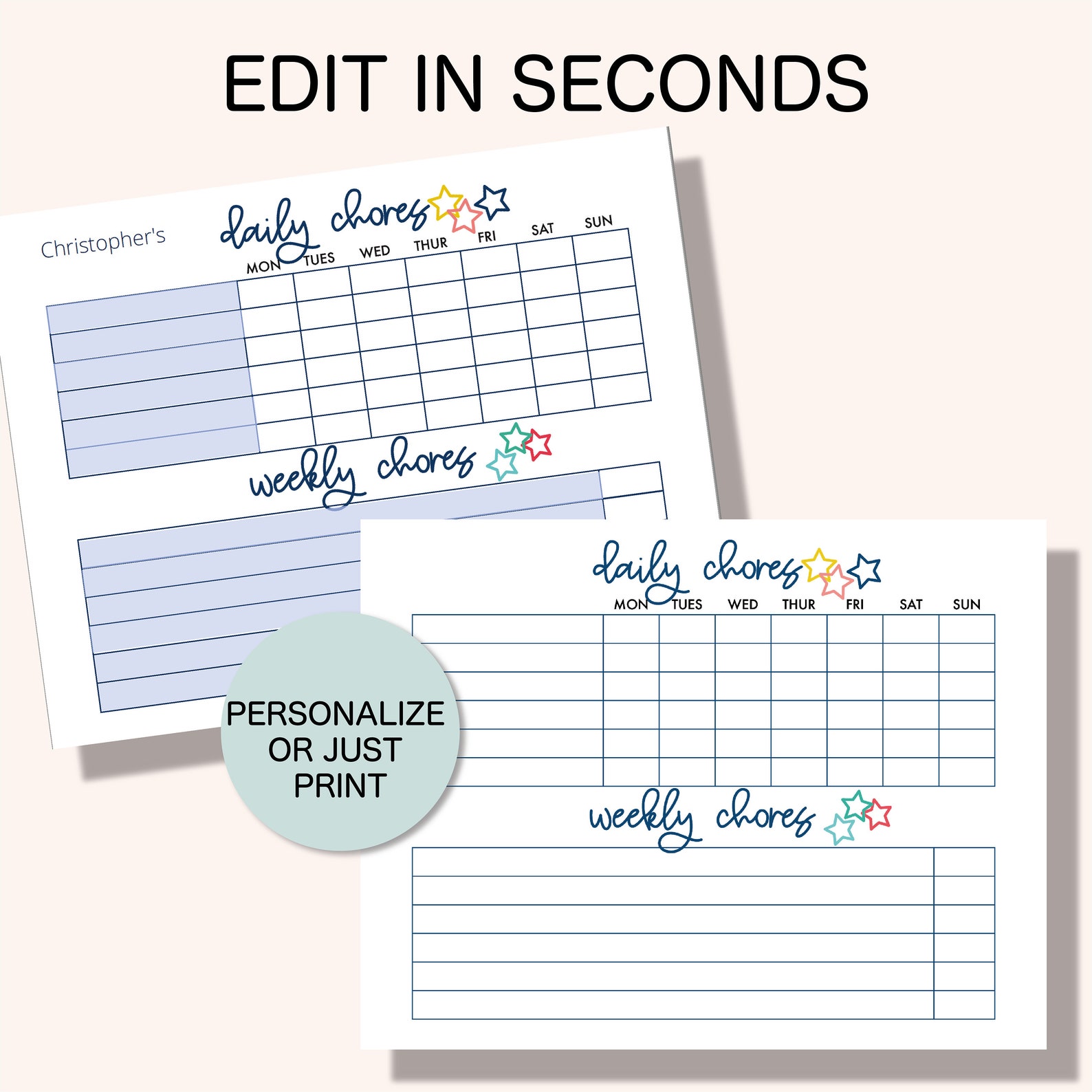 Kids Weekly Chore Chart, Kids Daily Chore Chart, Editable Chore Chart ...