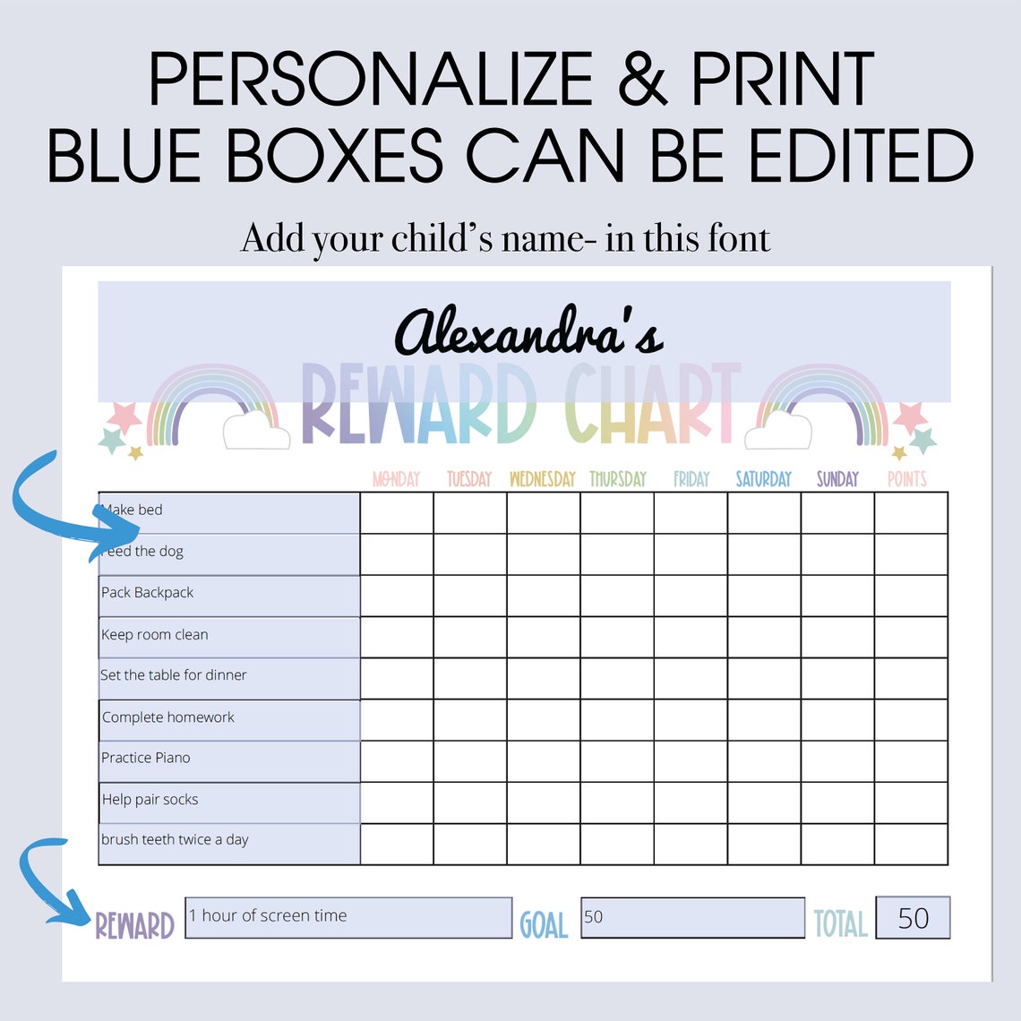 Reward Chart Editable Goal Chart Reward Chart for Girls | Etsy