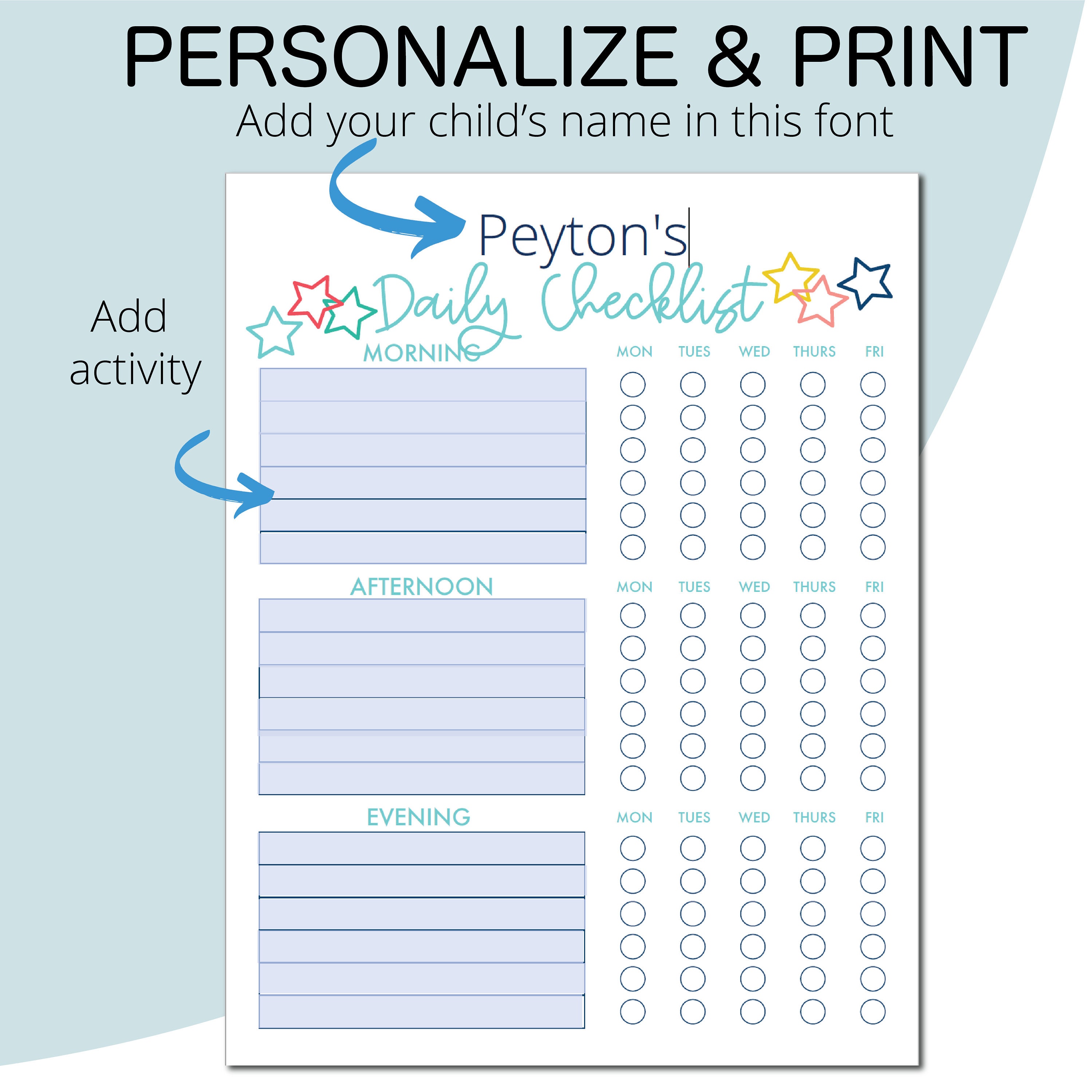 Daily Checklist for Kids, Printable Checklist, Daily Planner for Kids ...