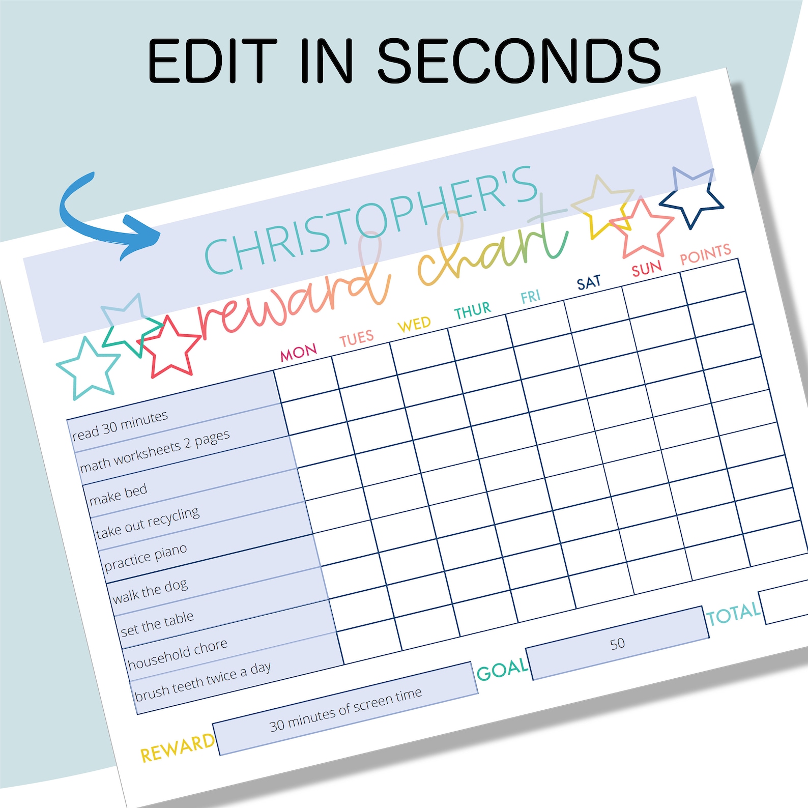 Reward Chart, Editable Goal Chart, Reward Chart for Girls, Pastel ...