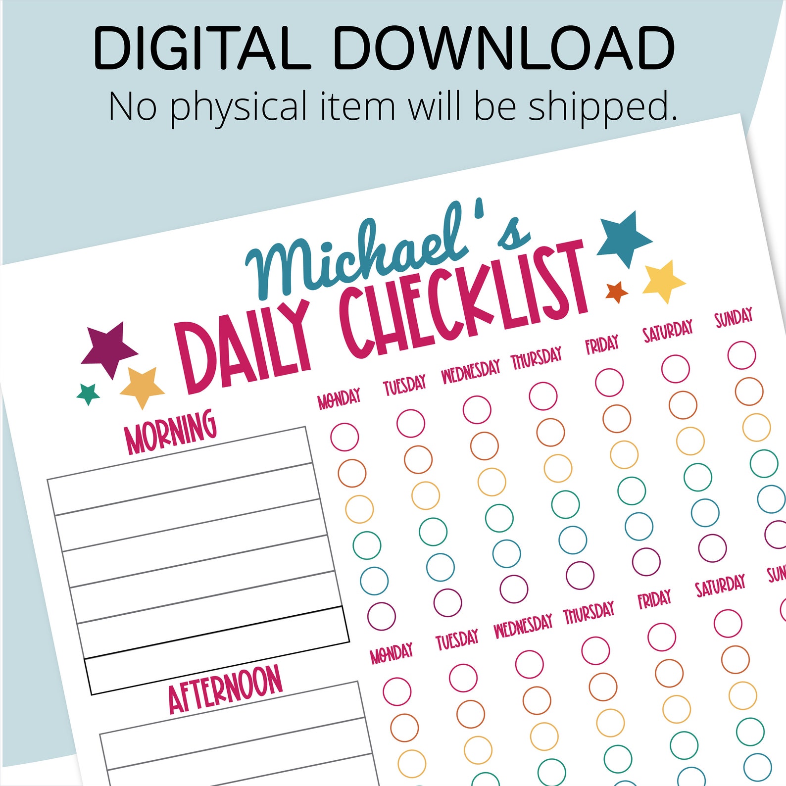 Daily Checklist for Kids, Printable Checklist, Daily Planner for Kids ...