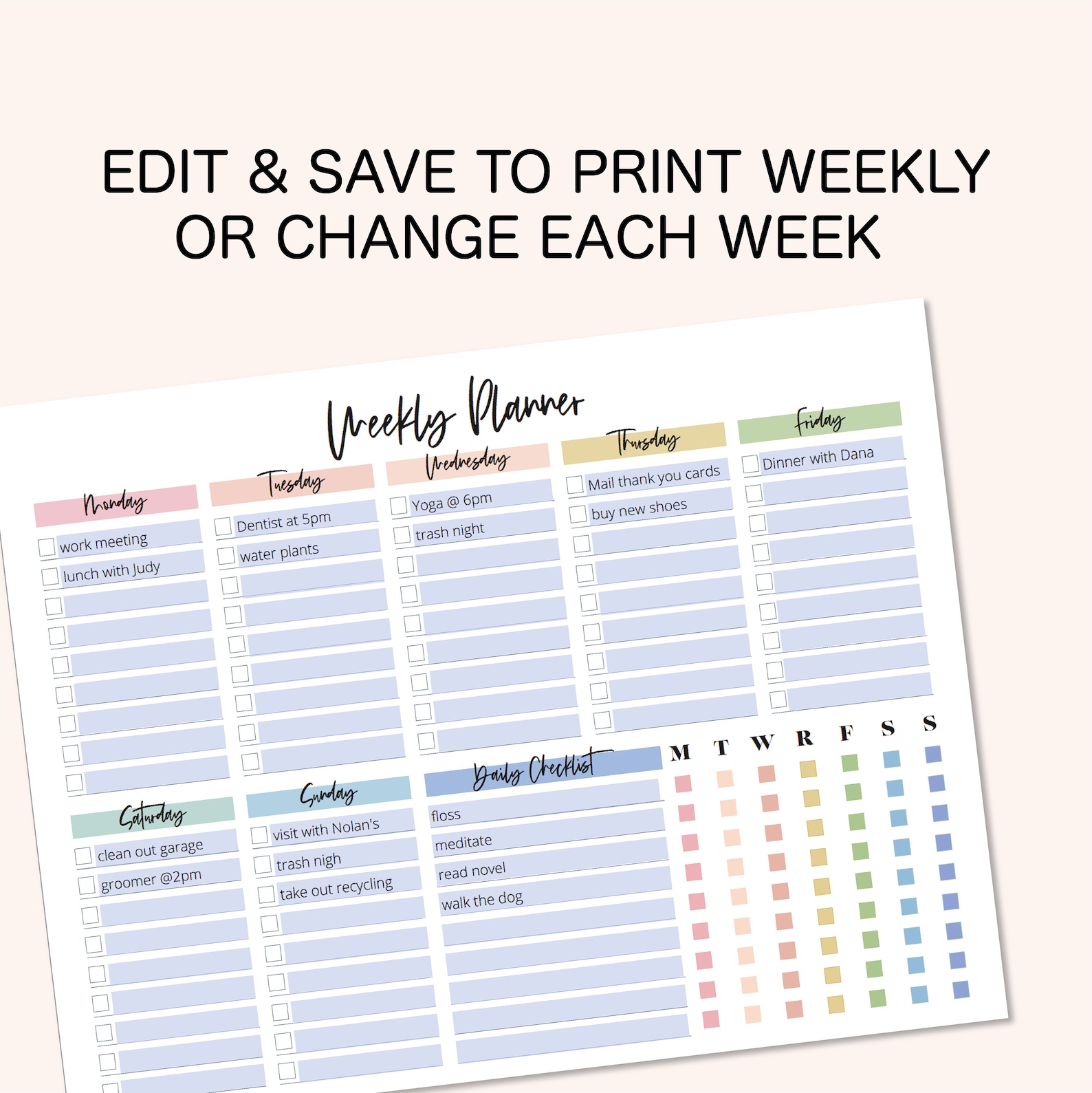 Adult Weekly Schedule, Editable Weekly Schedule for Adults, Printable ...