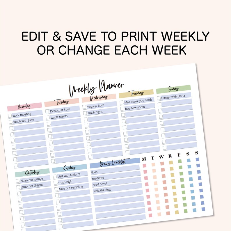 Adult Weekly Schedule, Editable Weekly Schedule for Adults, Printable ...