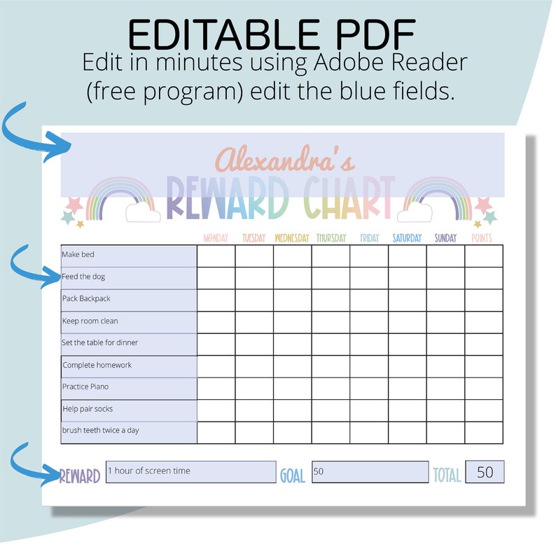 Reward Chart, Editable Goal Chart, Reward Chart for Girls, Pastel ...