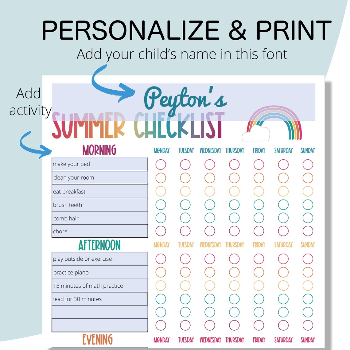 Checklist for Kids, Summer Checklist for Kids, Chore Chart for Kids ...