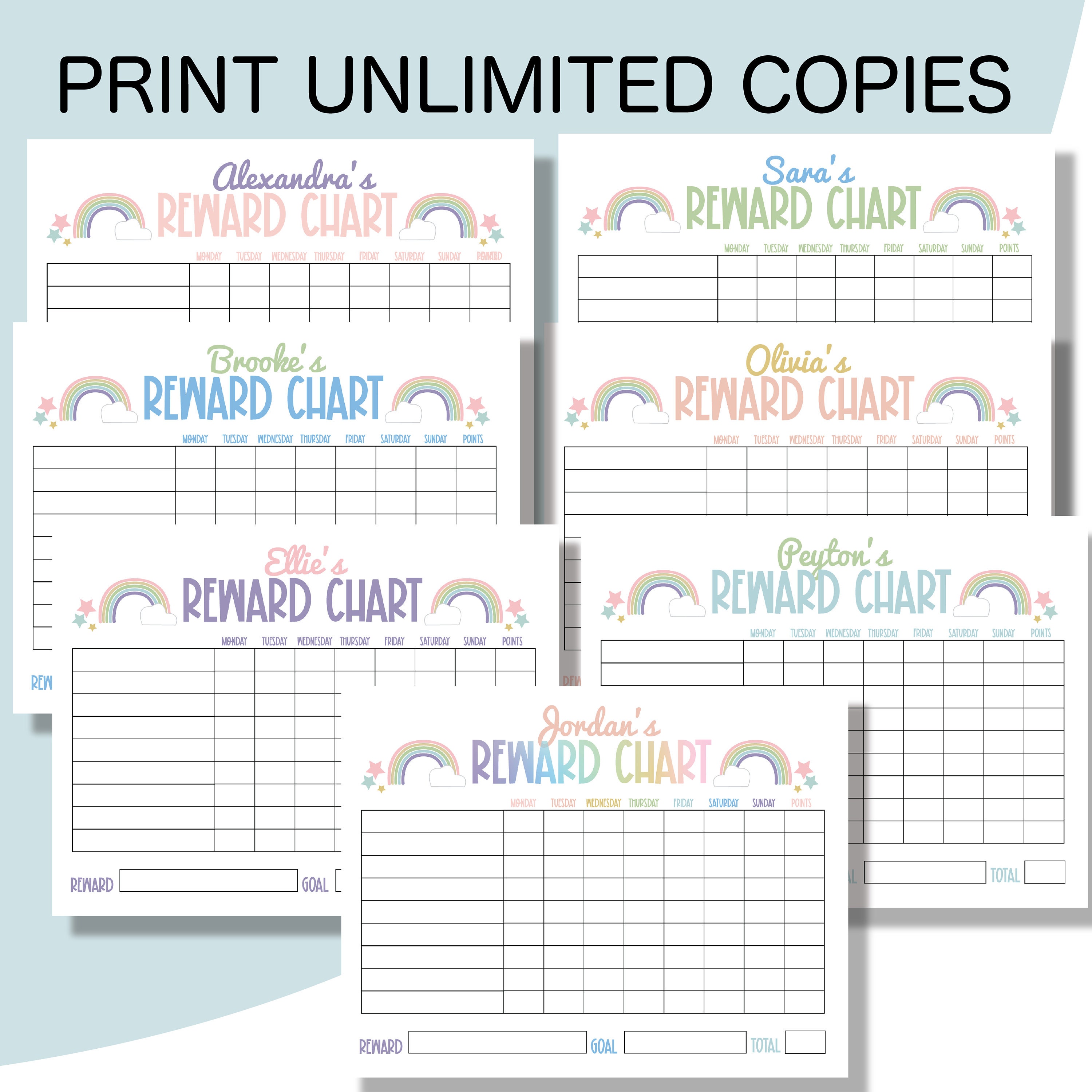 Reward Chart, Editable Goal Chart, Reward Chart for Girls, Pastel ...