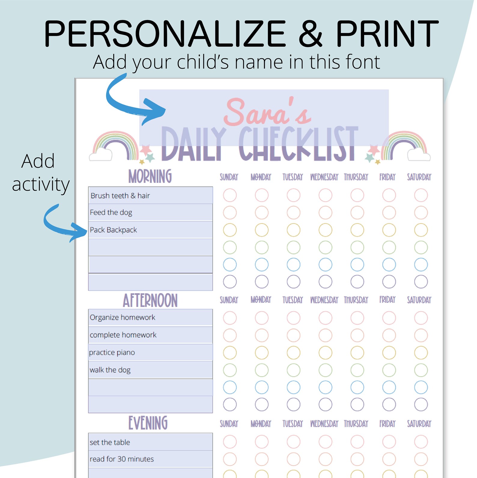 Daily Checklist for Kids, Editable Printable Checklist for Kids, Daily ...