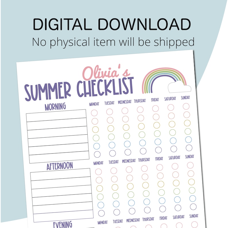 Checklist for Kids, Summer Checklist for Kids, Chore Chart for Kids ...