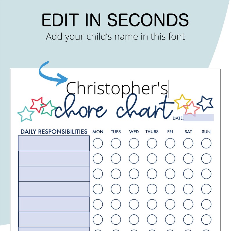 Kids Daily Responsibilities Chart, Chore Chart for Kids, Editable Chore ...