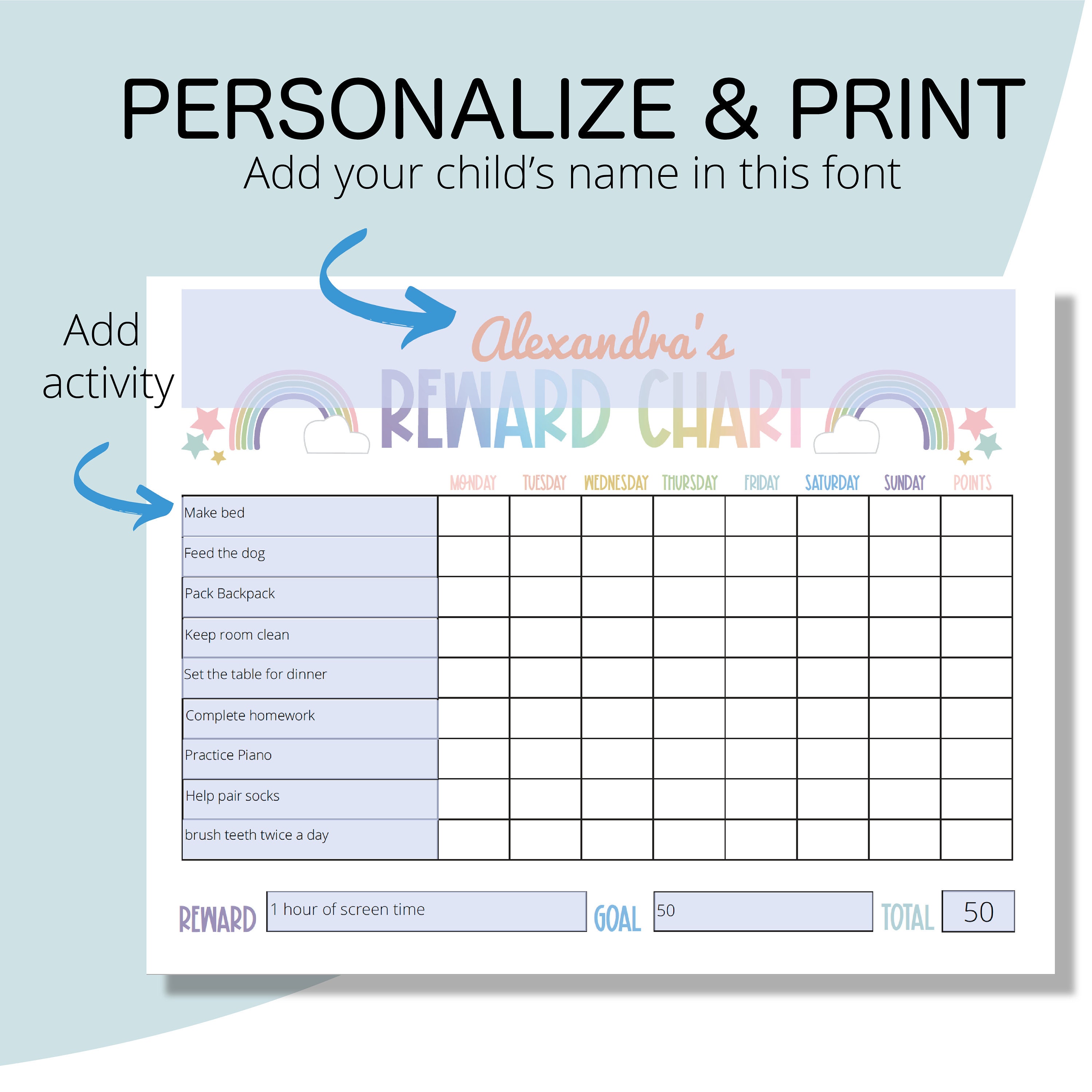 Reward Chart, Editable Goal Chart, Reward Chart for Girls, Pastel ...