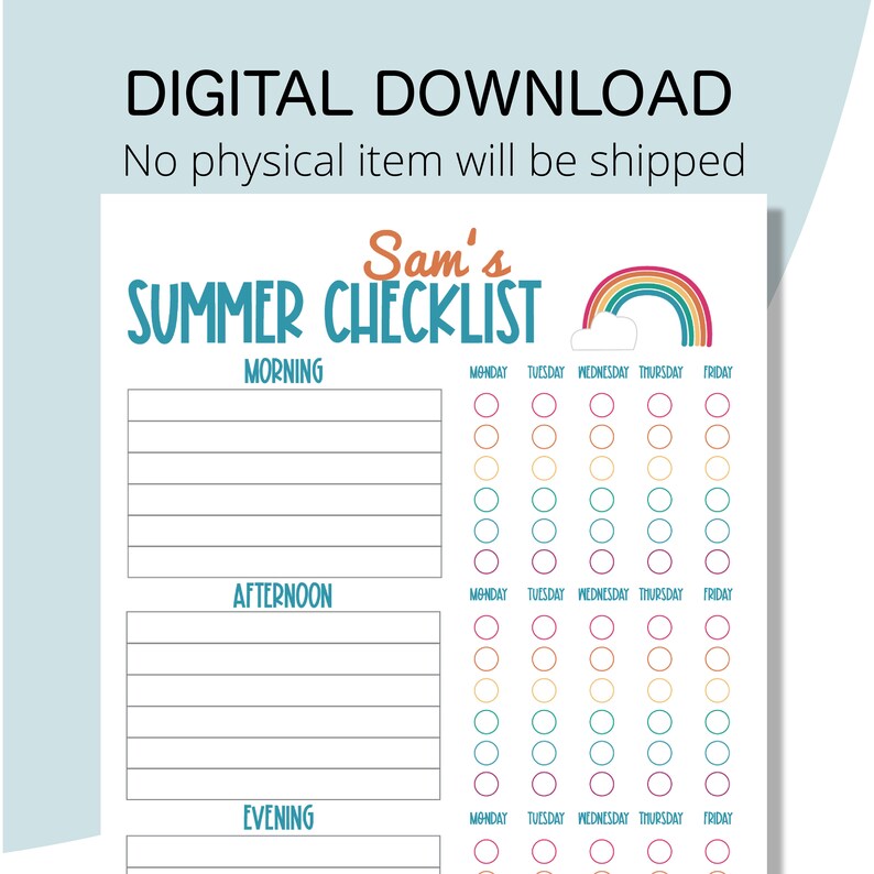 Checklist for Kids, Summer Checklist for Kids, Chore Chart for Kids ...