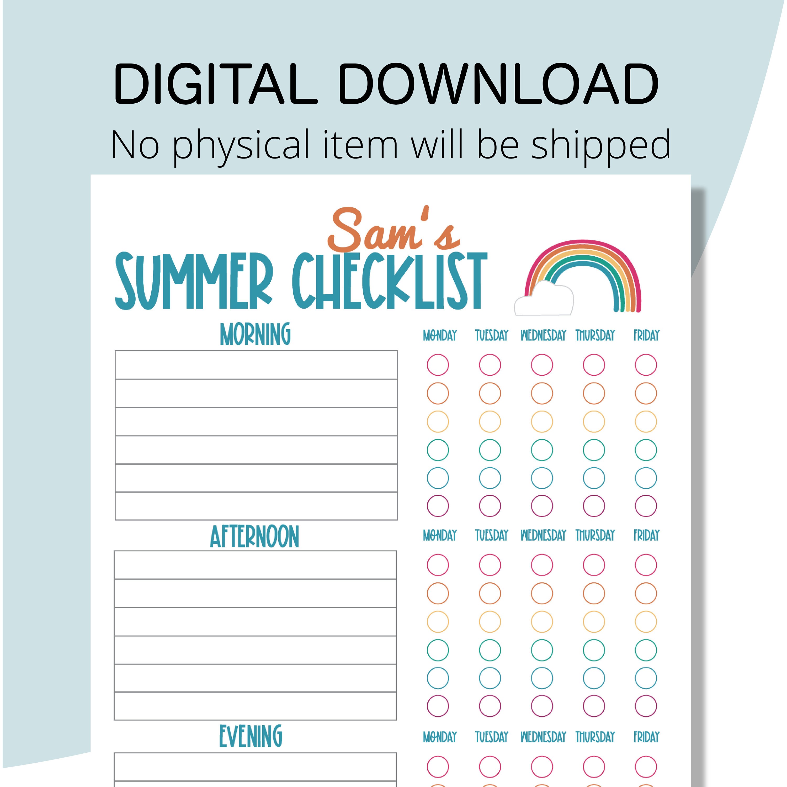 Checklist for Kids, Summer Checklist for Kids, Chore Chart for Kids ...